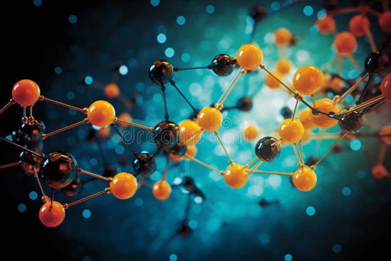 Molecular Chain of Golden Molecules on Blue Background Stock ...