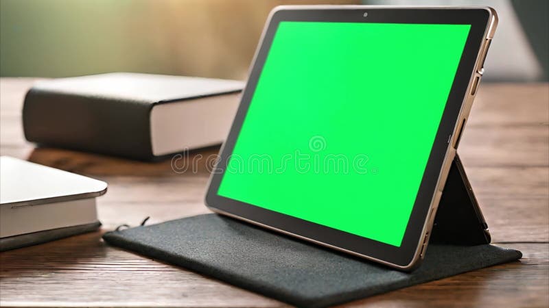 Tablet with Green Screen on a Wooden Desk Stock Footage - Video of ...