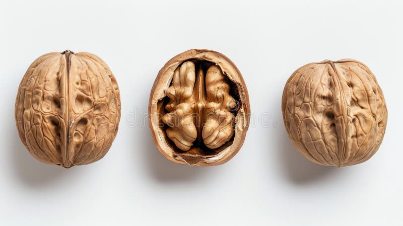 Close-up Photo of Three Walnuts in a Row on a White Background. One ...
