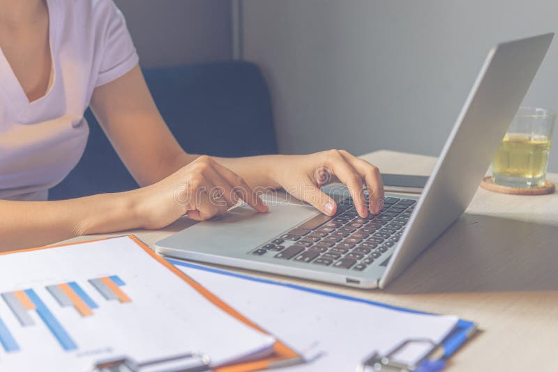 Close Up Photo of Working Woman Hands Using Laptop Stock Photo - Image ...