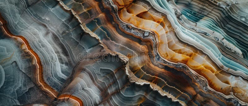 Close-Up View of Wavy Agate Mineral Layers in Blue, White, Orange, and ...