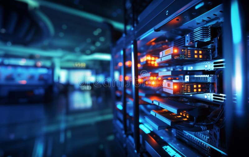 A Close-up Photograph Showcases Modern Blue Computers in a Server Room ...