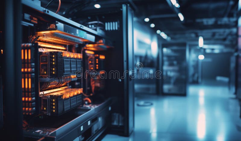 A Close-up Photograph Showcases Modern Blue Computers in a Server Room ...