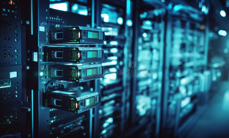 A Close-up Photograph Showcases Modern Blue Computers in a Server Room ...