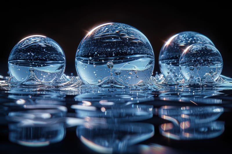 Close-up Photograph of Three Clear Glass Spheres Floating on a Liquid ...