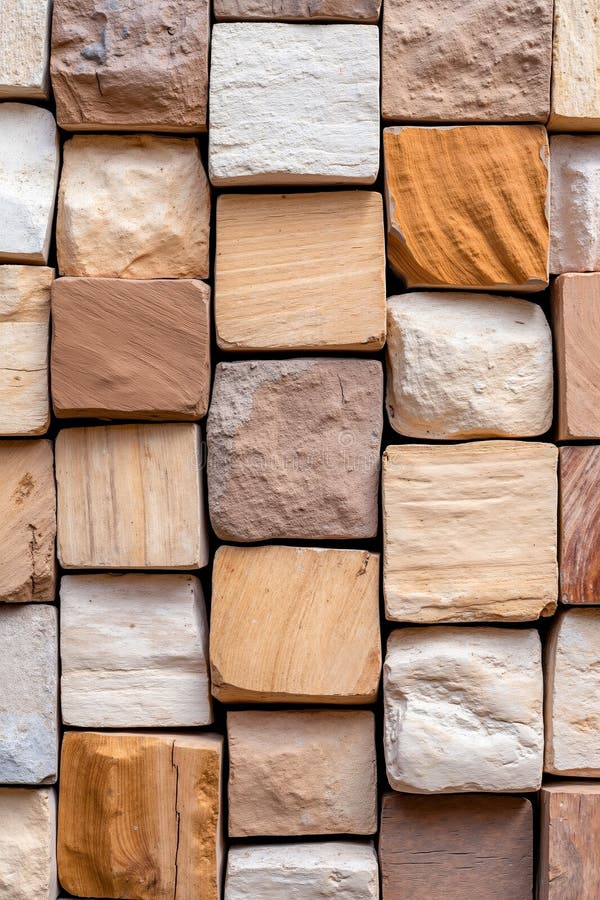 A Wall Made of Different Colored Stones and Wood Blocks Stock Image ...