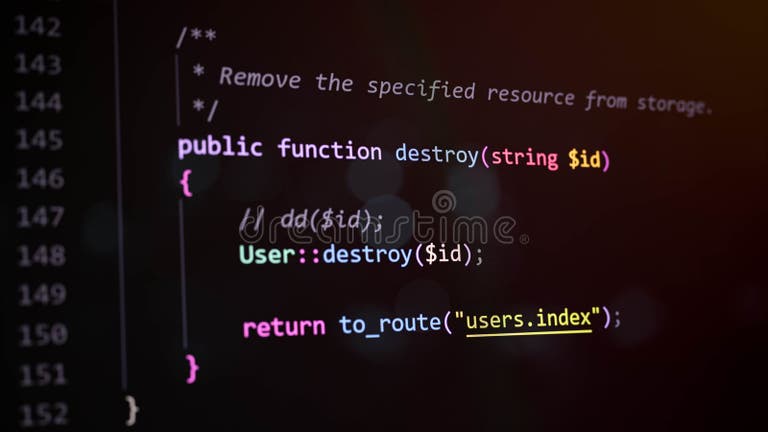 Close-up of PHP Code in Laravel Framework Showing a User Deletion ...