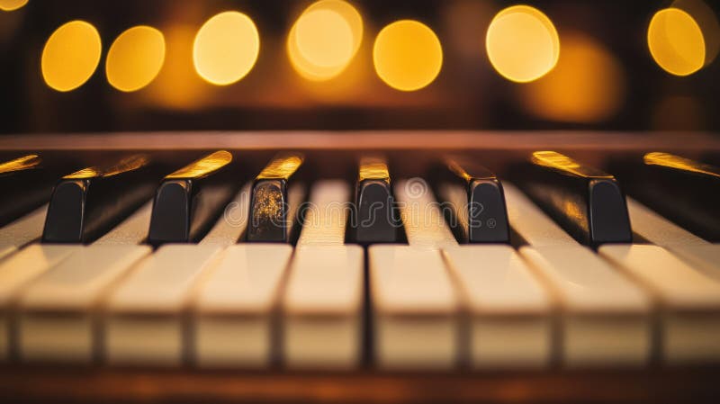 Close-up of Piano Keys with Soft Golden Bokeh Lights Stock Image ...