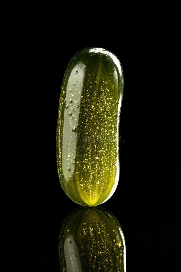 Close-up of a Pickle on a Reflective Black Surface in Dramatic Lighting ...