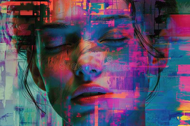 Close Up Human Face with Emotionless Expression and Neon Glitch Effect ...