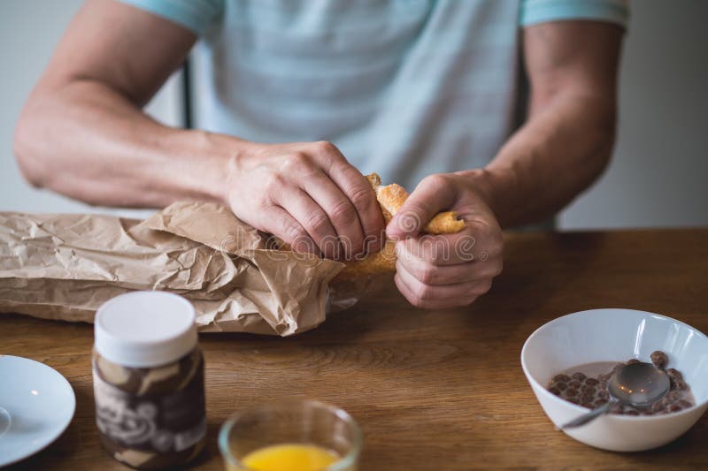 Close Up Picture of Man Breaking Bread for Sandwiches Stock Image ...