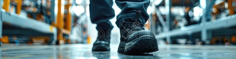 The Close Up View of Engineer Working Inside Factory and Focus on Boots ...