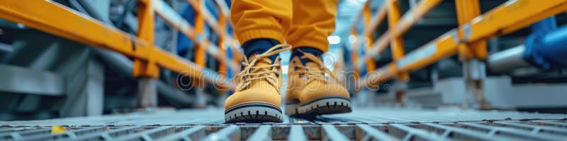 The Close Up View of Engineer Working Inside Factory and Focus on Boots ...