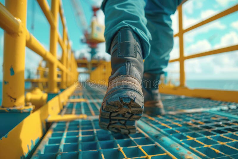 The Close Up View of Engineer Working Inside Factory and Focus on Boots ...