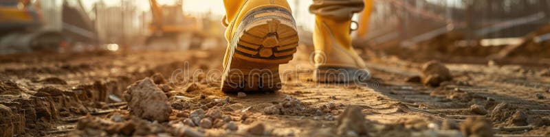 The Close Up View of Worker Walk in Construction Site and Safety Shoes ...