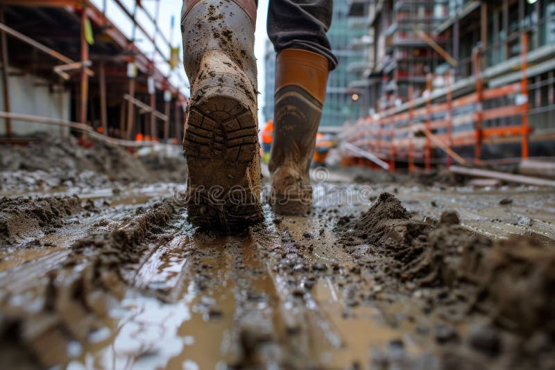 The Close Up View of Worker Walk in Construction Site and Safety Shoes ...