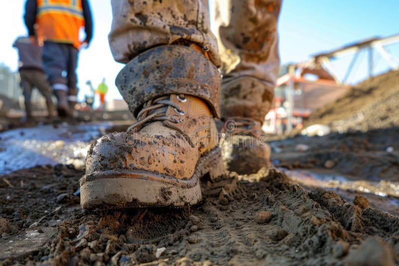 The Close Up View of Worker Walk in Construction Site and Safety Shoes ...