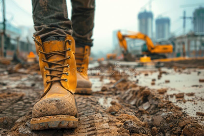 The Close Up View of Worker Walk in Construction Site and Safety Shoes ...