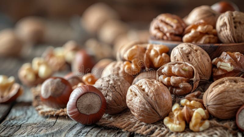 Close-up of a Pile of Assorted Nuts on a Wooden Table. Stock Photo ...