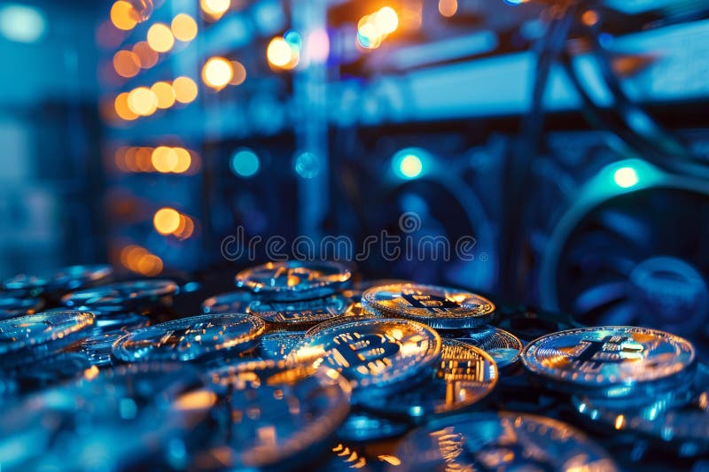 Closeup of a Pile of Bitcoin Coins with a Blurred Cryptocurrency Mining ...
