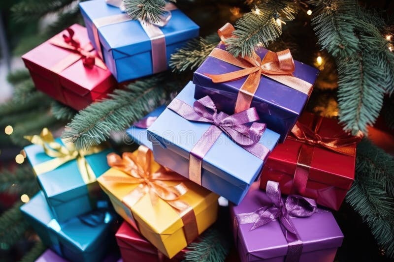 Close-up of a Pile of Colorful Gift Boxes Stacked in a Tree Shape Stock ...