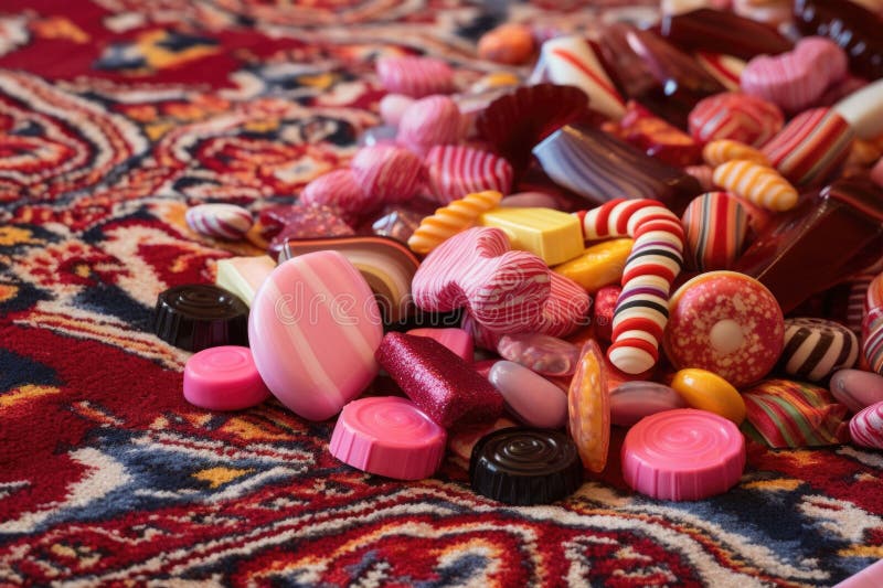 Close-up of a Pile of Mixed Candies on a Patterned Rug Stock Image ...
