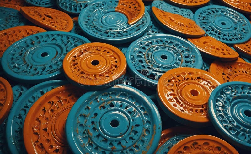 Texture of Blue and Orange Painted Metal Disks of Weights for Barbells ...