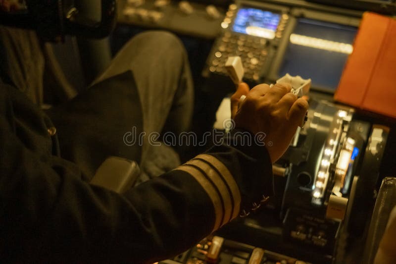 Close-up of the Pilot& X27;s Hand on the Engine Control Stick. Stock ...
