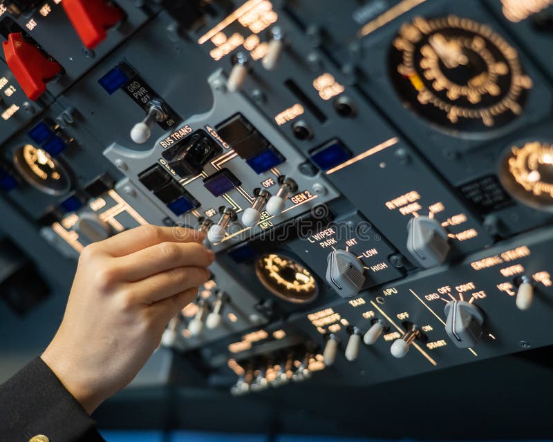 Close-up of a Pilots Hand Turning a Toggle Switch on the Control Panel ...