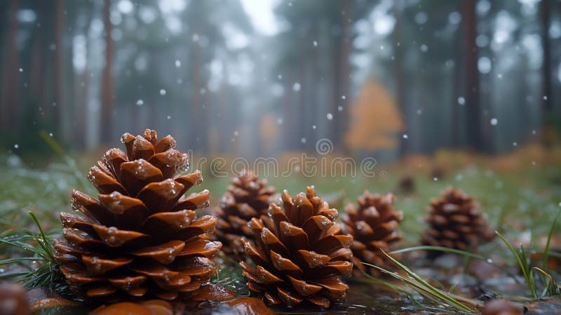 Close Up of Pine Cones on the Forest Floor with Rain Falling Stock ...