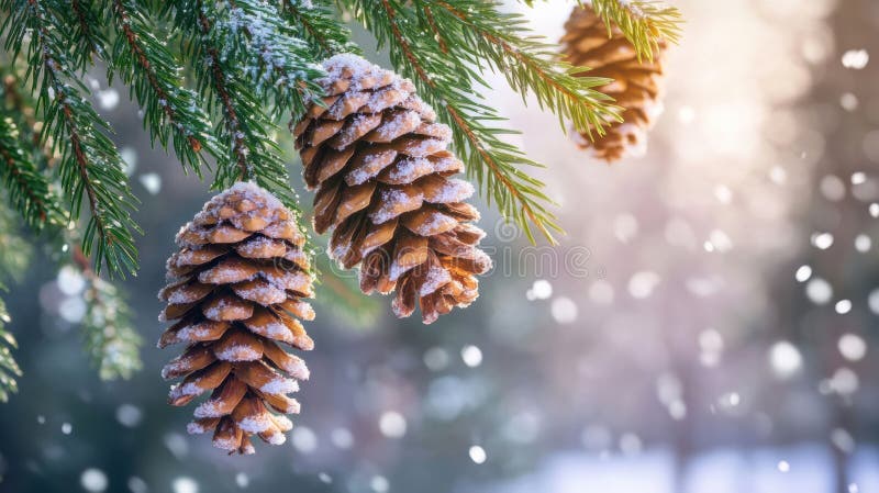 A Close Up of Pine Cones on a Tree Branch with Snow Falling, AI Stock ...