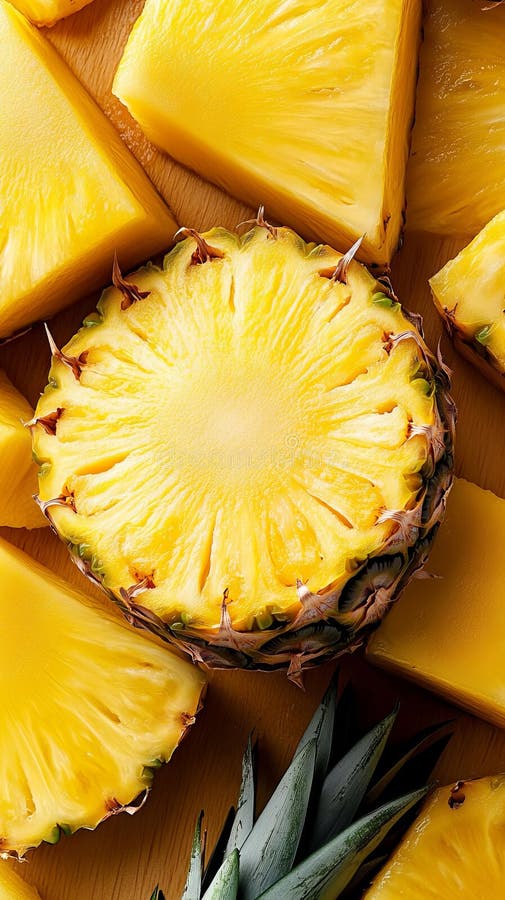 A Close Up of a Pineapple Cut in Half on a Wooden Surface Stock Image ...