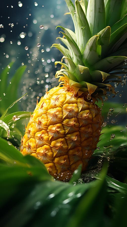Close Up of Pineapple Falls Under Water, with Splashes and Air Bubbles ...