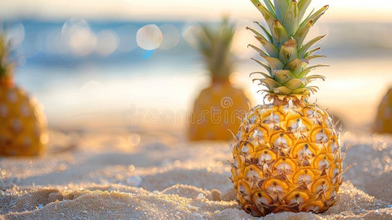 Ripe Pineapples on Tropical Beach at Sunset, Golden Hour Stock ...