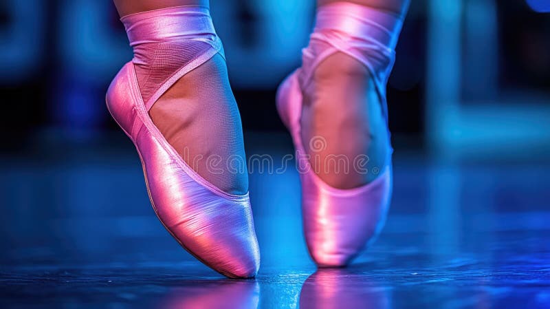 Close-up of Pink Ballet Shoes on a Stage Under Blue Lighting Stock ...