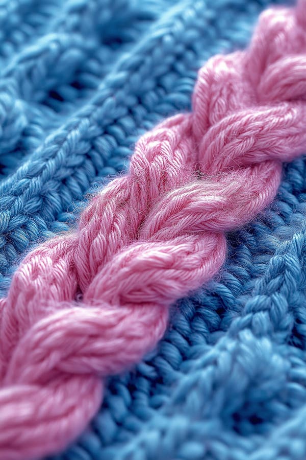 Close-up of Pink Braid Pattern on Blue Knitted Fabric Texture Stock ...