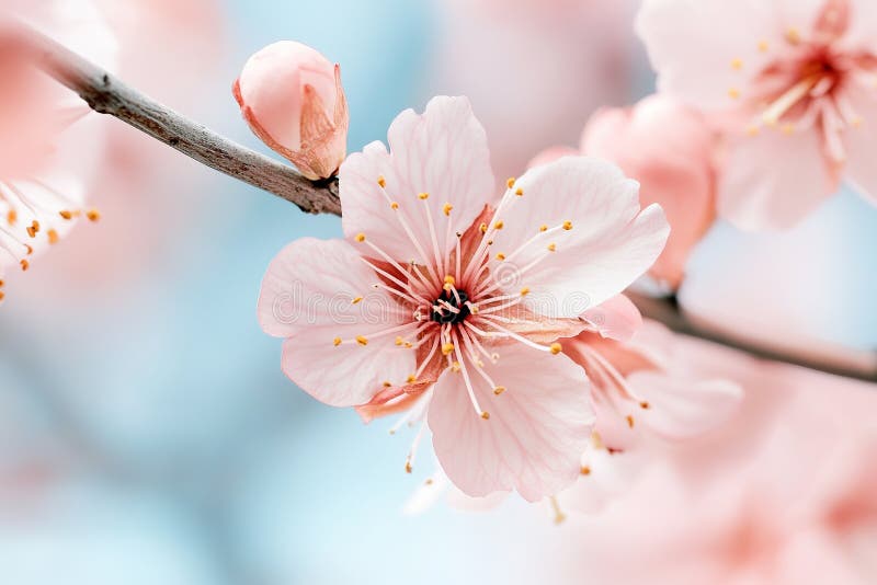 Close Up of Pink Cherry Blossoms on a Branch Against a Light Blue Sky ...