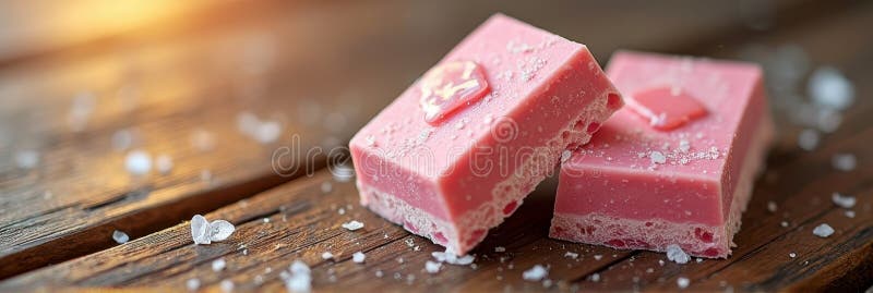 Close-up of Pink Chocolate Bars with Sea Salt on Wooden Surface Stock ...