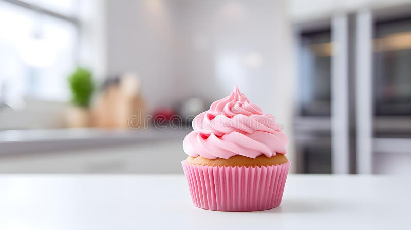 Close Up of a Pink Cupcake on a White Marble Table. Blurred Kitchen ...