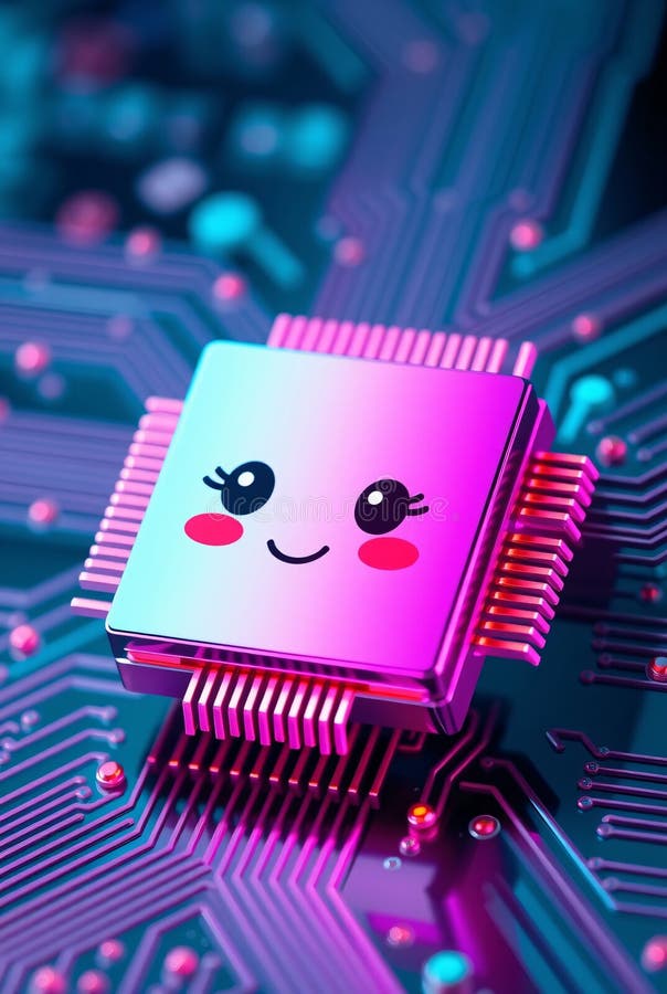Close Up of Pink Cute Smiling Cartoonish Microchip on Microcircuit ...