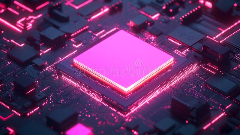 A Close-up of a Pink Illuminated Chip on a Circuit Board Stock ...
