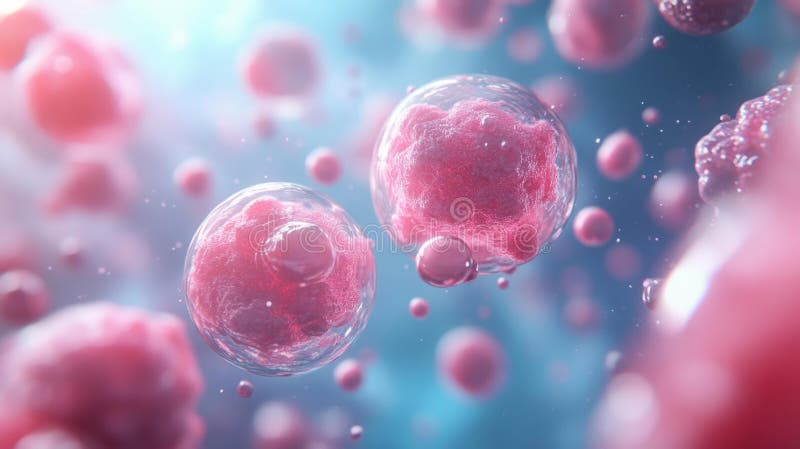 Close-up of Pink Microscopic Cells Floating in a Blue Liquid ...