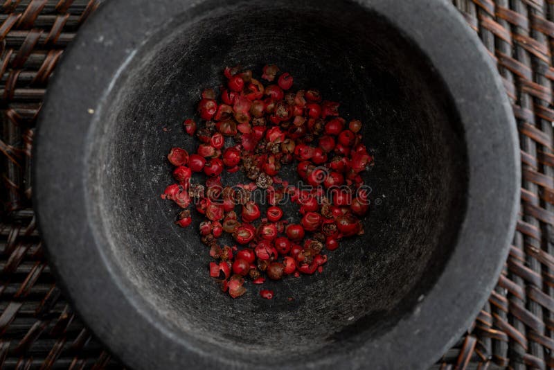 Close-up with Pink Pepper. in Stone Mortar Stock Photo - Image of ...