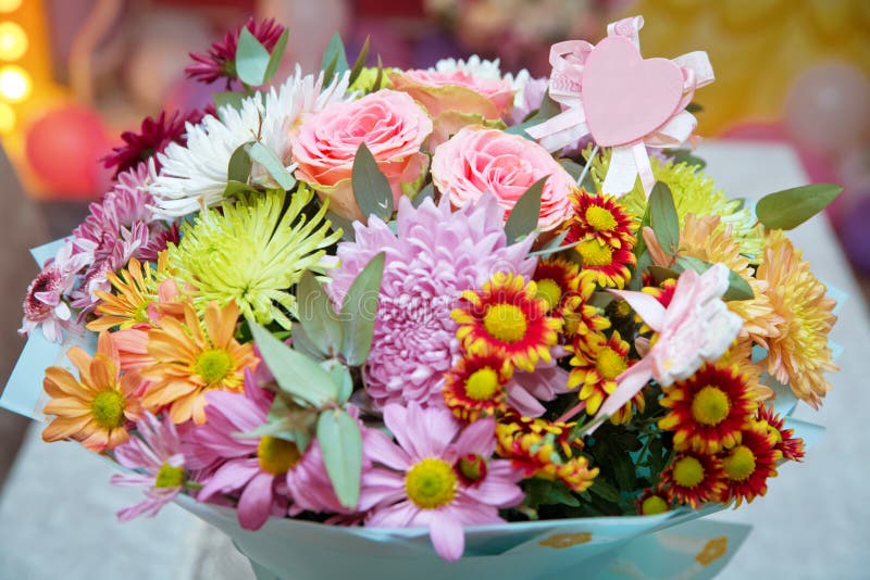 Close Up. Pink Rose . Bouquet of Multi-colored Flowers in the Vase ...