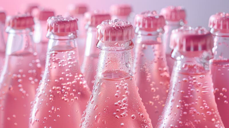 Close-up of Pink Soda Bottles with Bubbles and Caps. Stock Photo ...