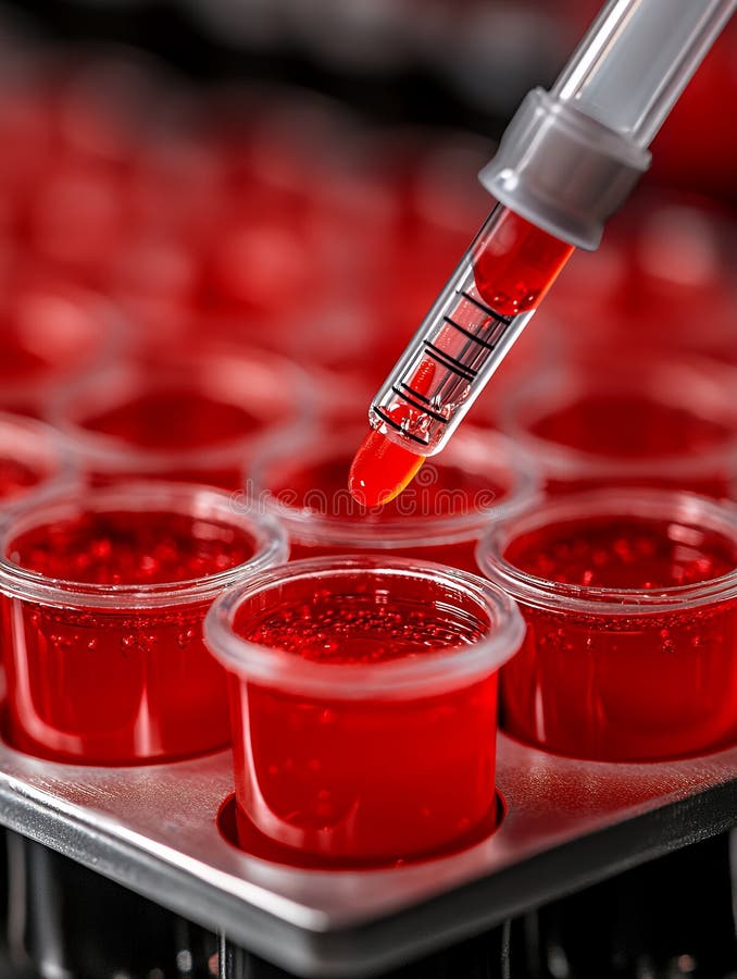 Close-up of a Pipette Dispensing a Red Liquid into Small Plastic Cups ...