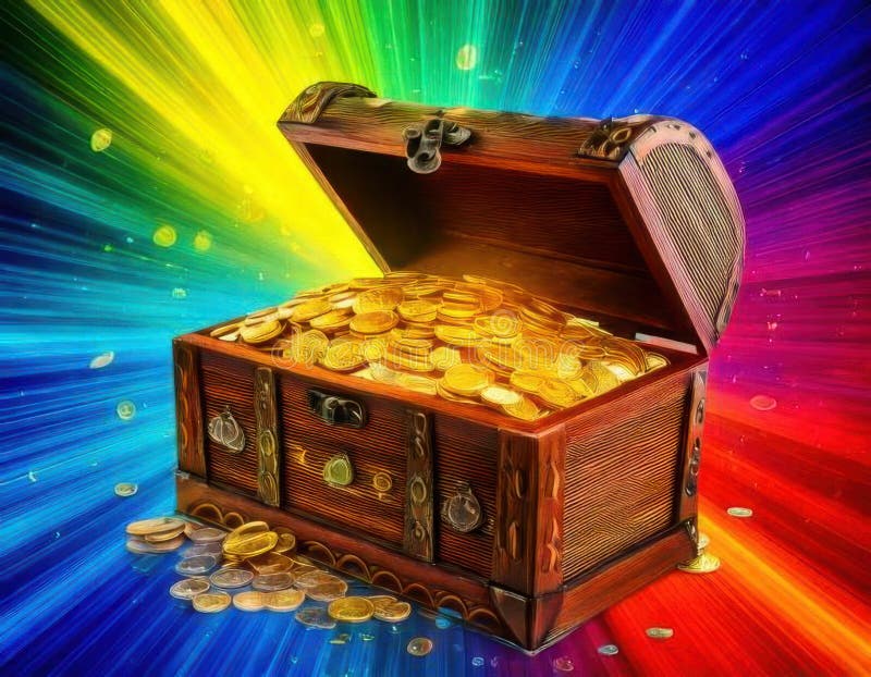 Close Up Pirate Chest with a Rainbow Color Background Stock ...