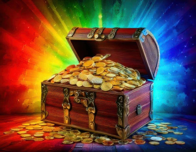 Close Up Pirate Chest with a Rainbow Color Background Stock ...