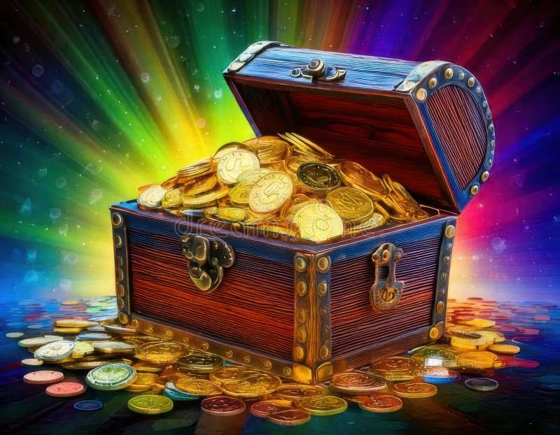 Close Up Pirate Chest with a Rainbow Color Background Stock ...