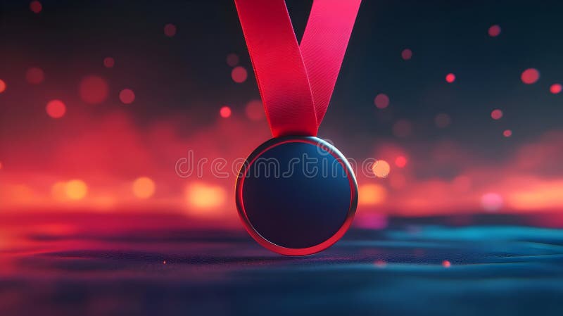 Close Up Pixelated Medal with Red Ribbon on Dark Surface with Bokeh ...